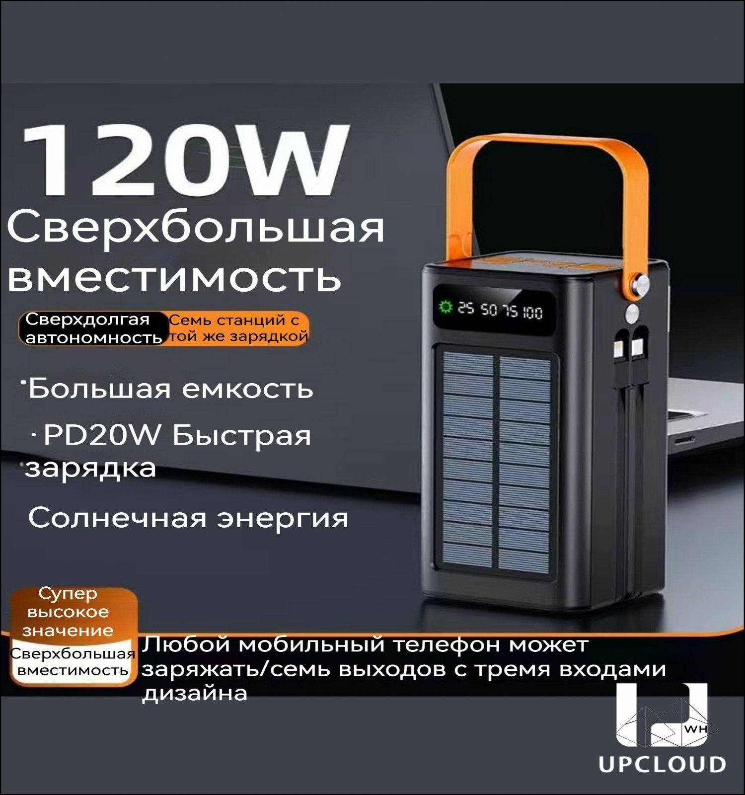 Банк солнечной энергии/Сверхбыстрая зарядка мощностью 120 Вт/UPCLOUD Может заряжать 7 устройств одновременно
