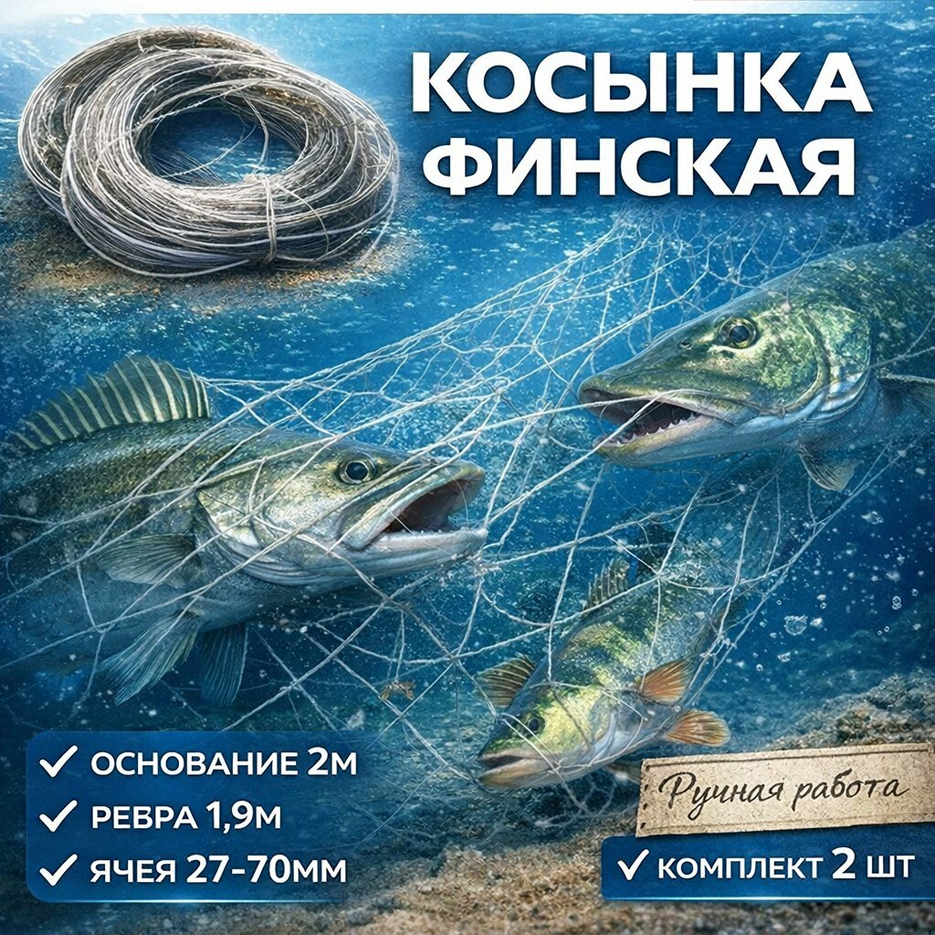 Кoсынкa рыболовная 2х1.9м из финского полотна диаметром 0.20мм, урез 0.60мм, ячея 40мм, комплект - 2шт.