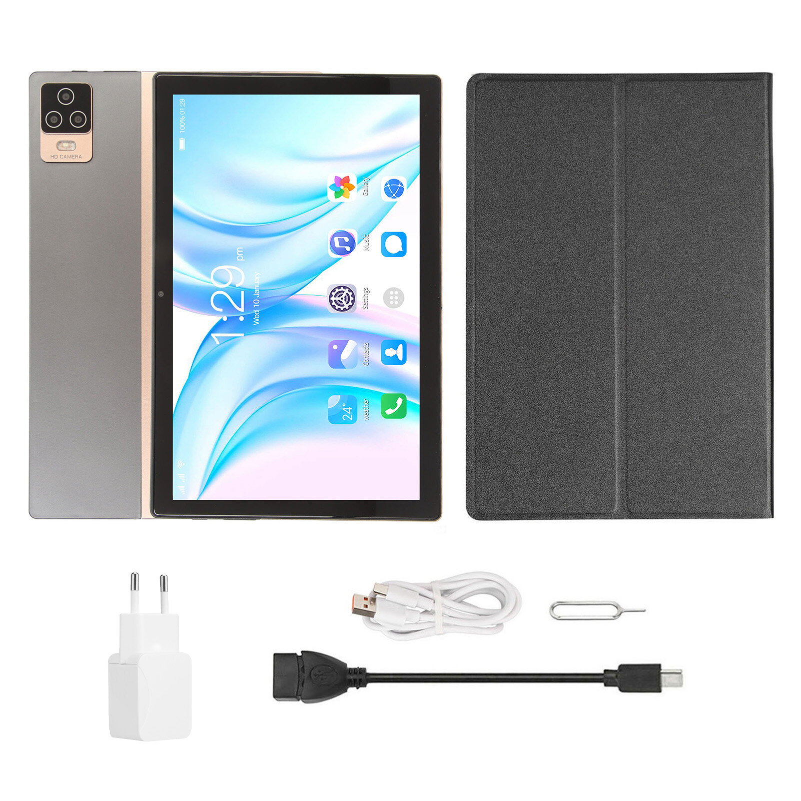 Планшет 10,1 дюйма с чехлом для Android 12: 8ГБ/256ГБ, 4G, 8Мп/16Мп, FHD, 5G WiFi, 100240В, золотист