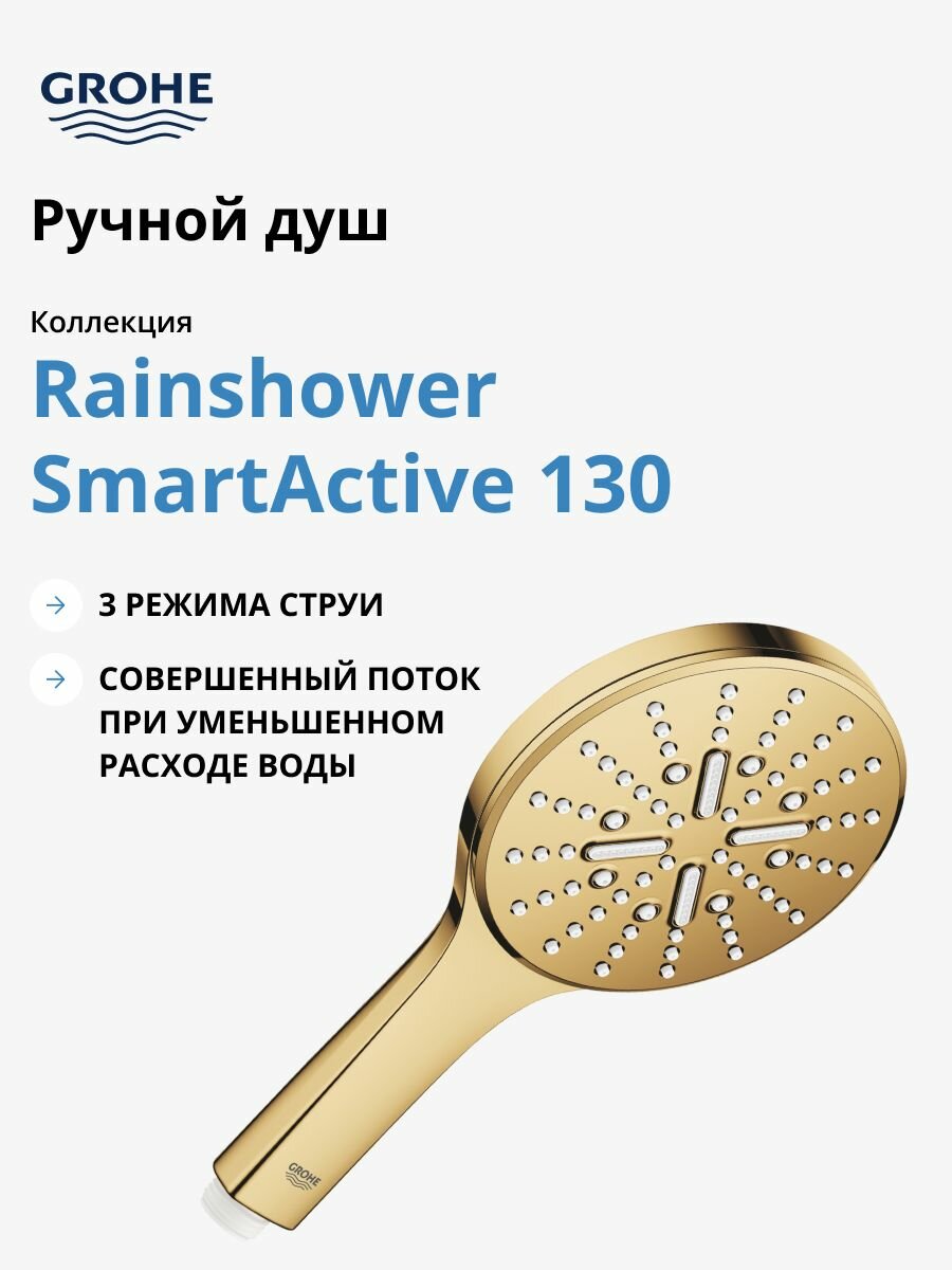 Ручной душ Grohe Rainshower SmartActive 130, 3 режима струи, холодный рассвет глянец (26574GL0)