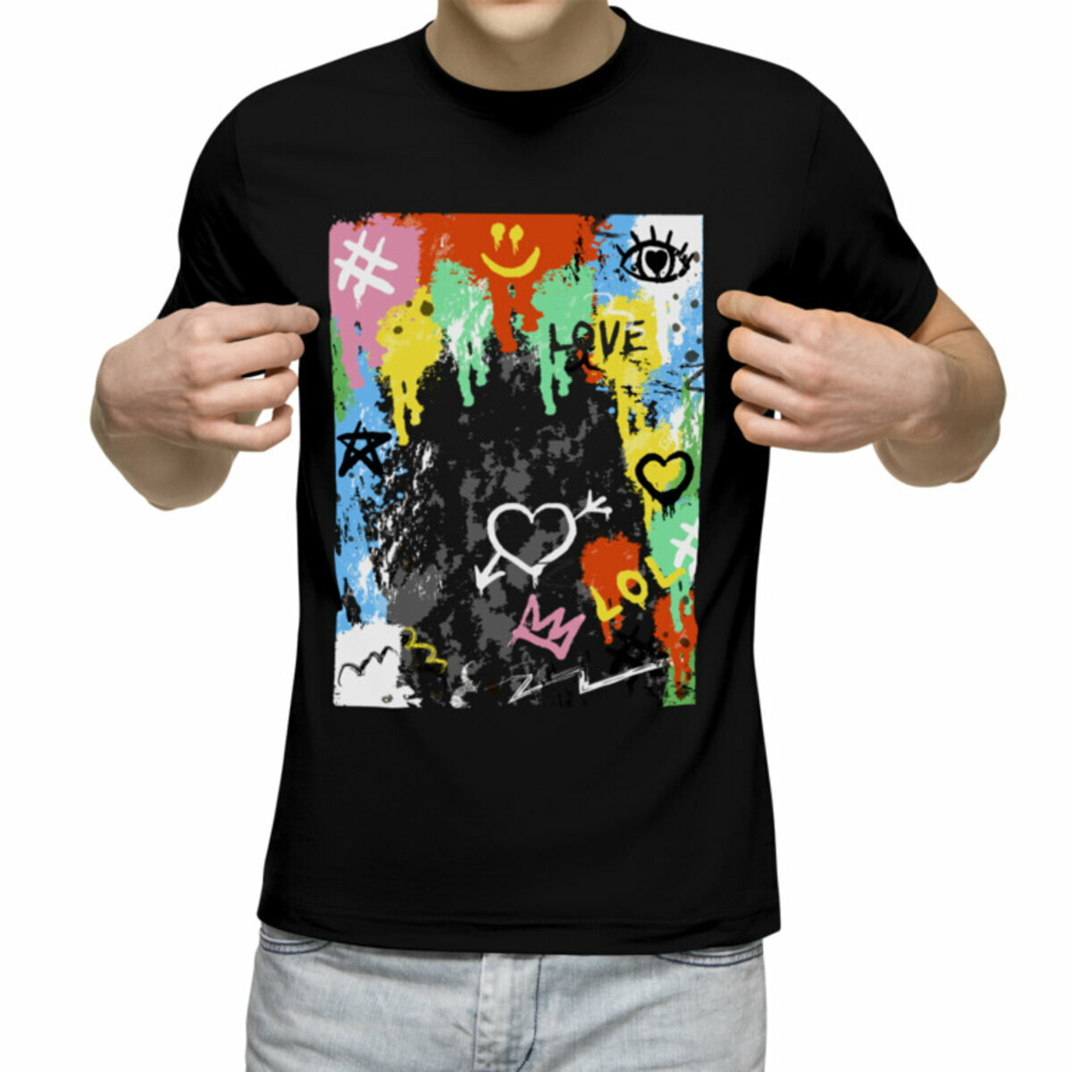 Мужская футболка «Яркий граффити-фон с улыбкой» (черный, 3XL)