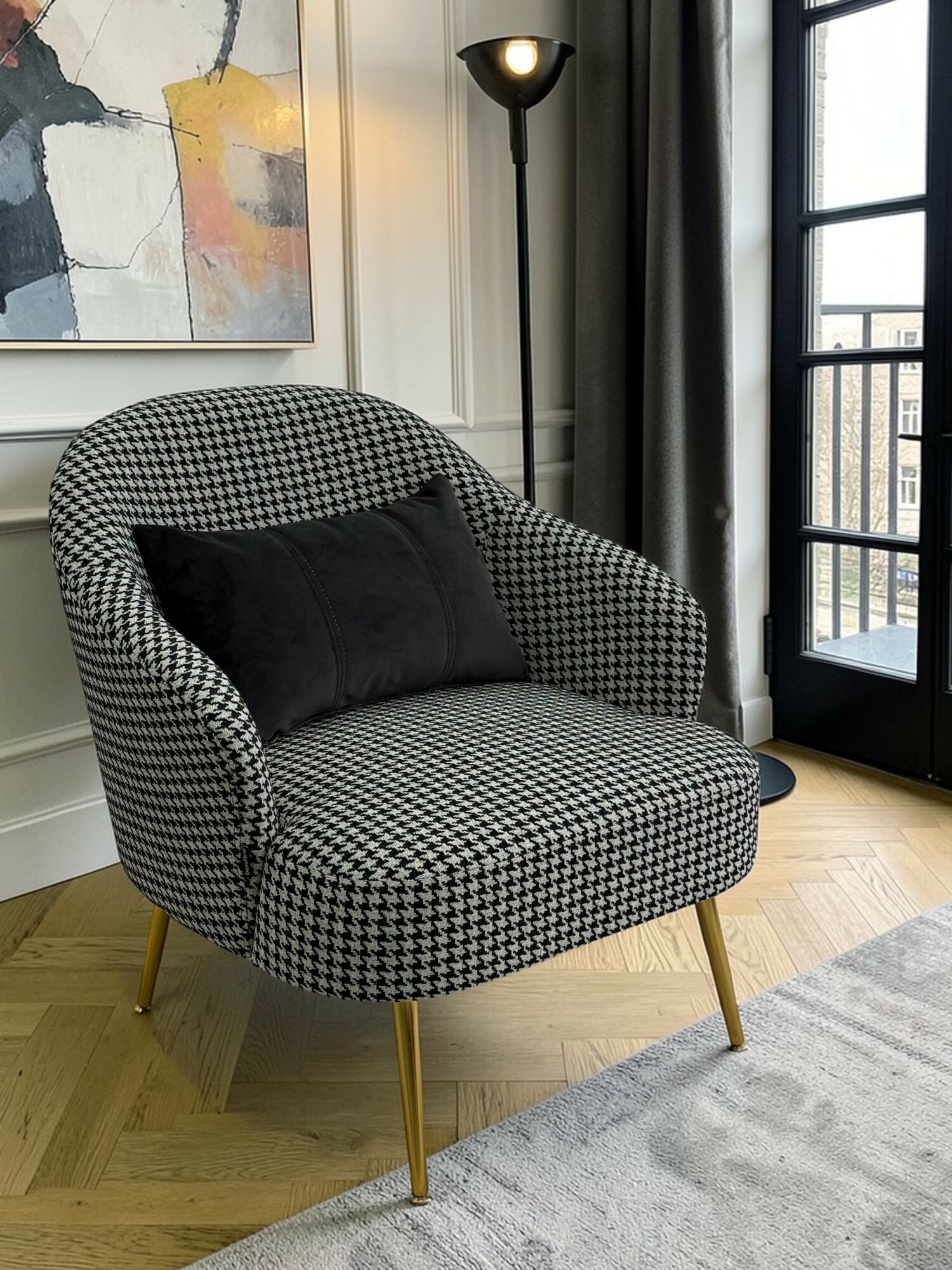 Кресло классическое Леон, для дома и отдыха, принт гусиная лапка, золотые опоры