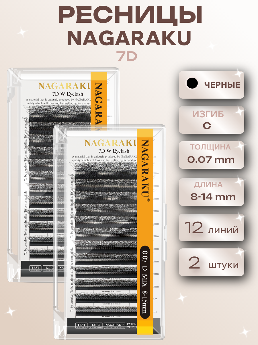 Ресницы Пучки Nagaraku 7D Black C 0,07 8-14 12 линий, 2 шт