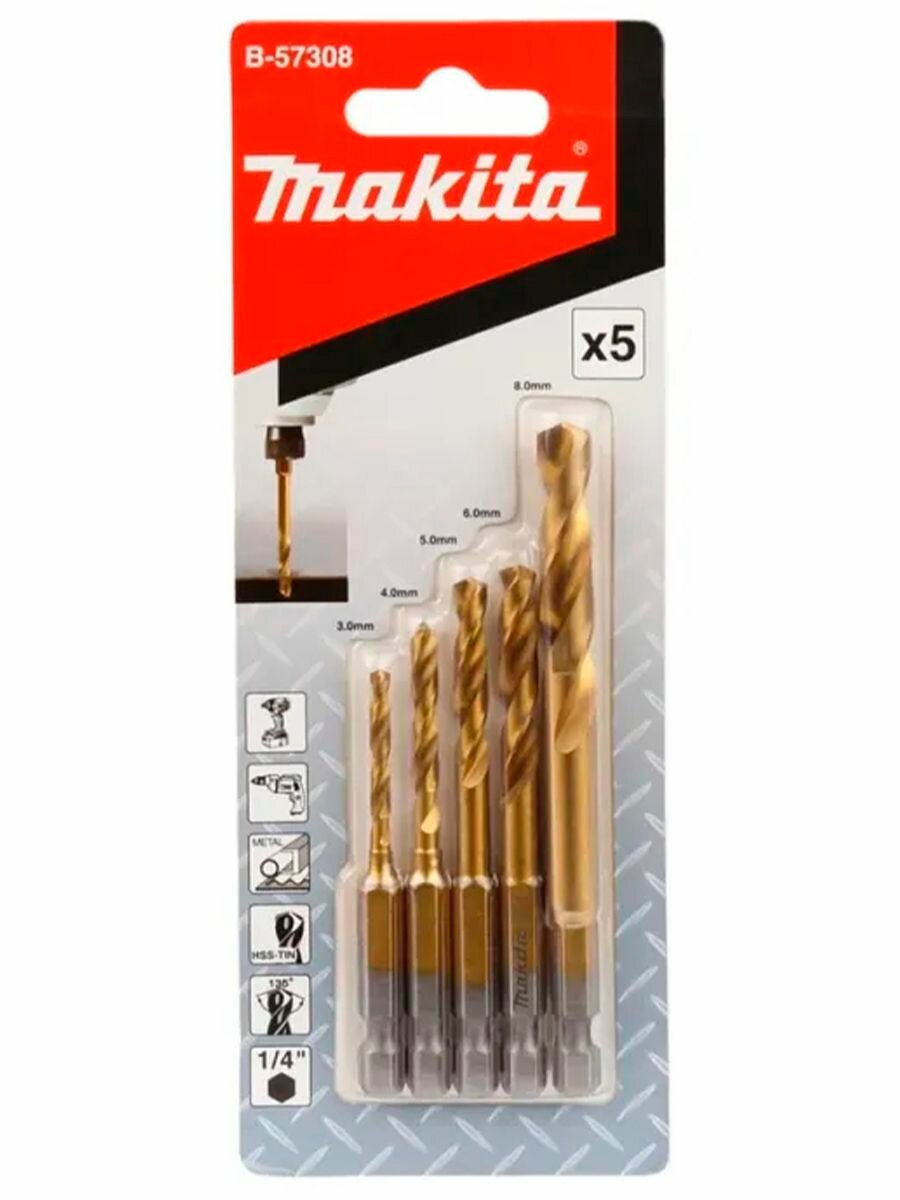 Набор сверл по металлу Makita, 3,4,5,6,8 мм, 5 шт. (B-57308)