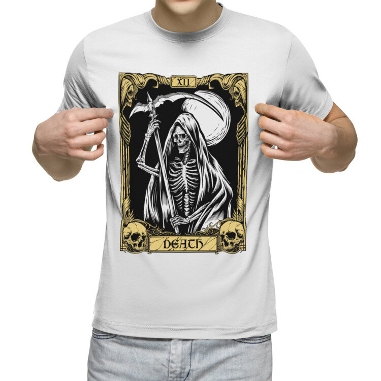 Мужская футболка «Карта таро Смерть с косой, скелет, эзотерика, гадание» (белый, S)