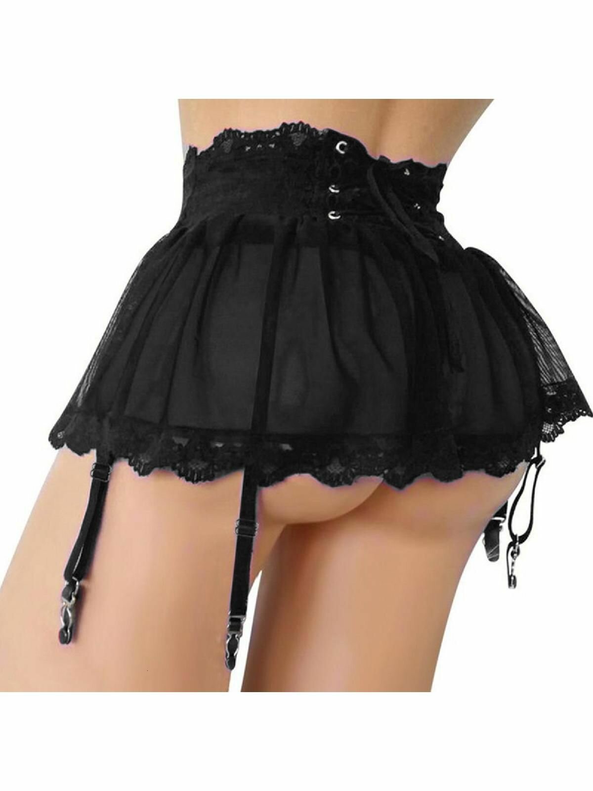 Кружевные микроюбки-гартеры, Черный - XXL