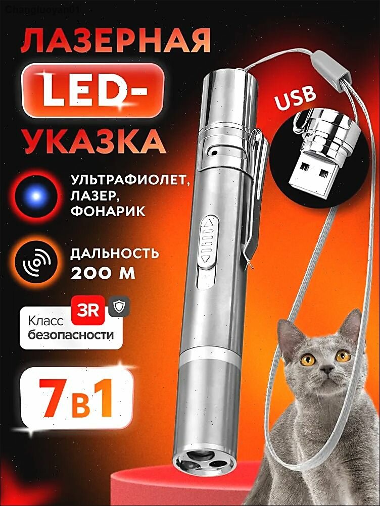 Лазерная указка 7в1, игрушка-дразнилка для кошки со светодиодным фонариком и ультрафиолетом. Ручной фонарь со встроенной зарядкой USB. Мощный лазер для собак/животных, серебристый