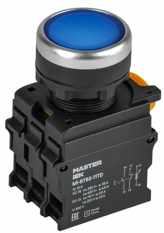 Кнопка d22мм 1НО+1НЗ MASTER с подсветкой и фиксацией син. IEK MI-BT60-11TD-3-11-K07