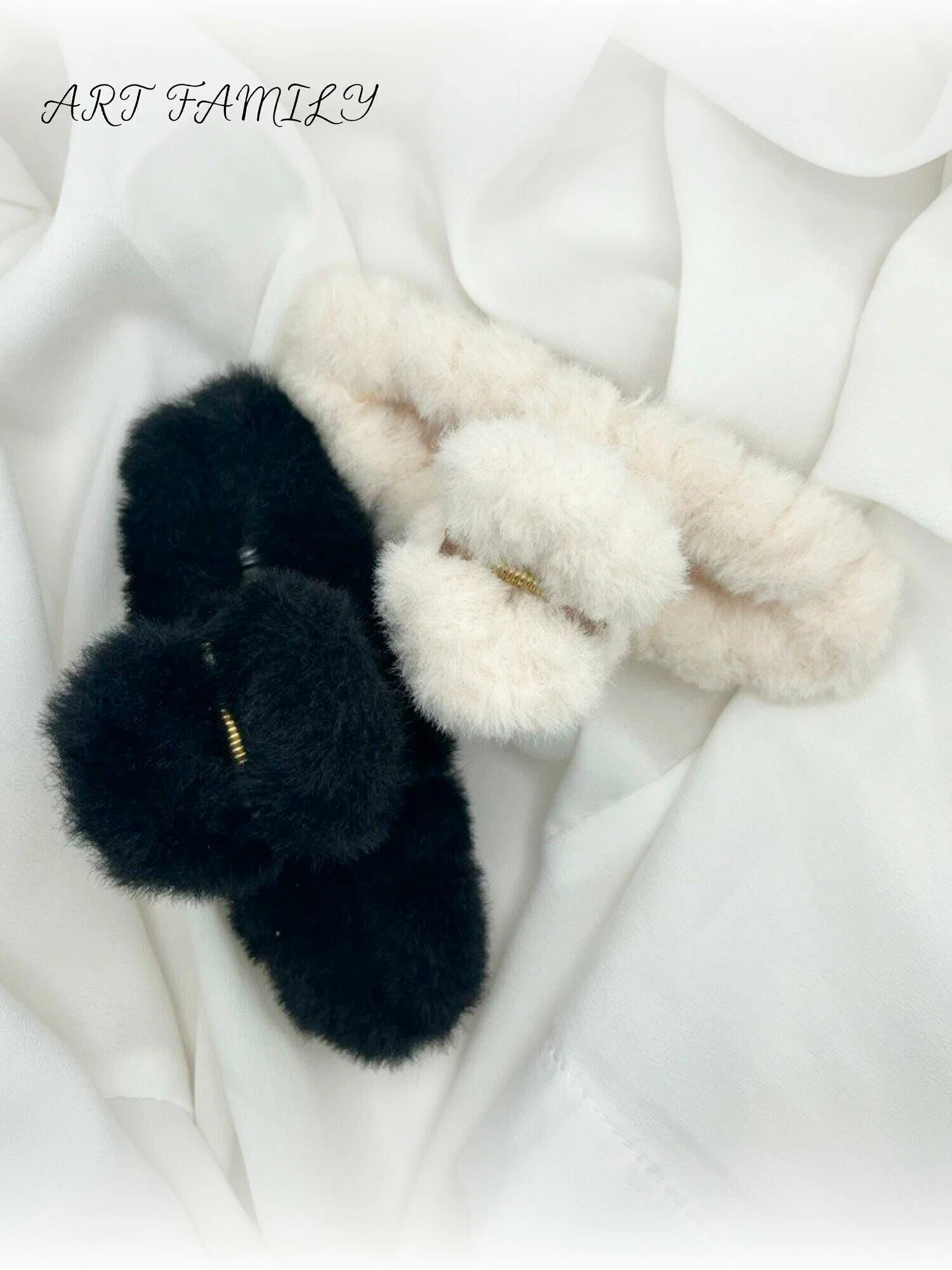 Крабик для волос, заколка краб 11,2см, набор 2 шт. Черный+ Белый, пушистые.