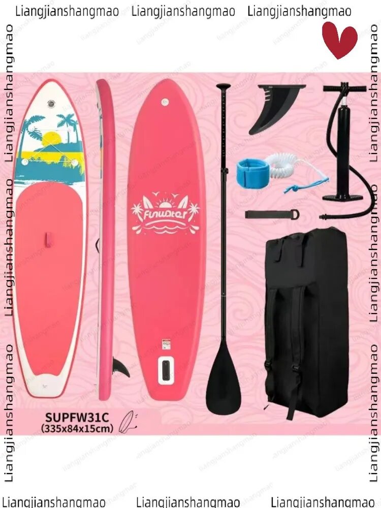 Доска для серфинга SUP (335x84x15cm) светло-розового цвета. Комплект: плавник, рюкзак, страховочный лиш