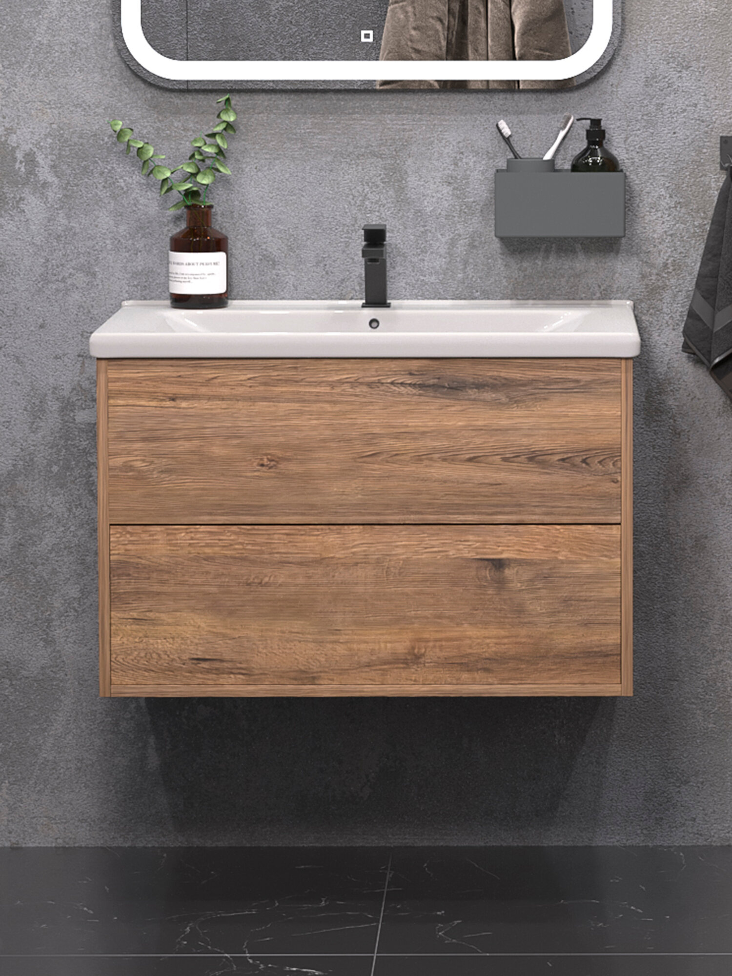 Тумба подвесная SanStar Siva 70 с раковиной Миранда 70 (комплект) для ванной комнаты, Дуб веллингтон табак