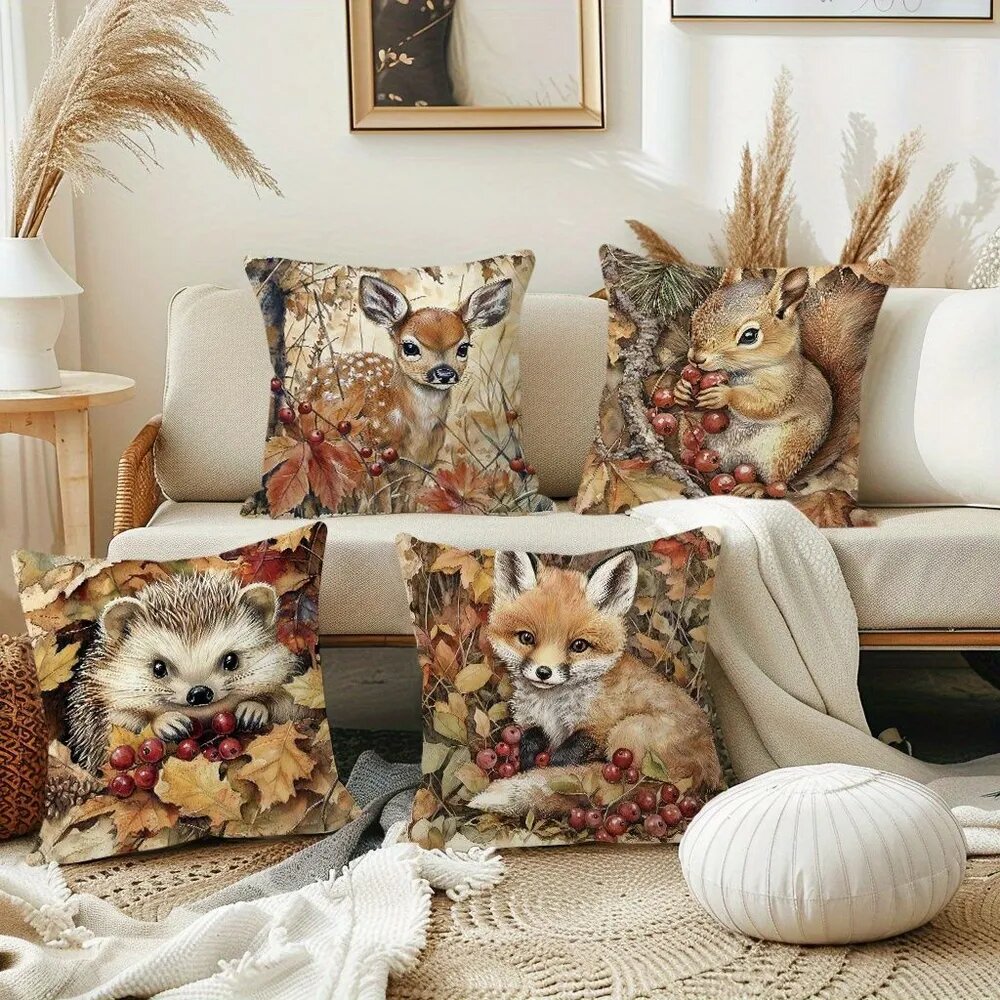 Декоративная наволочка для дивана 35x35 см, 4 шт. с рисунком животных осенью, полиэстер