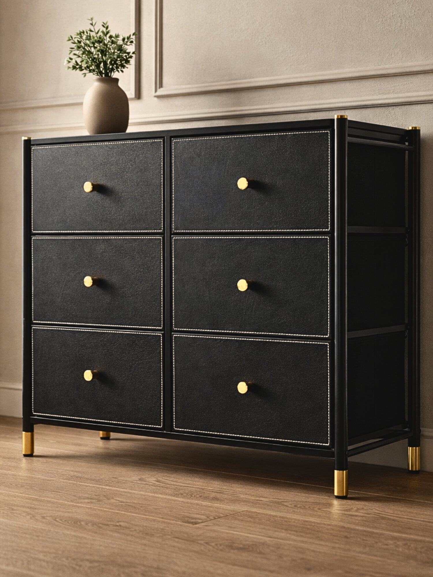 Комод черный большой MOKKA с 6 ящиками для одежды, узкий 30 см, 100*104*30, экокожа, металлический каркас, золотые ручки