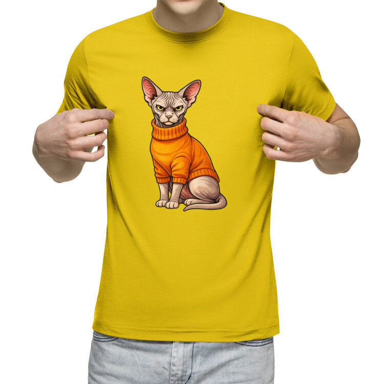 Мужская футболка «Недовольный кот сфинкс в кофте» (желтый, 2XL)