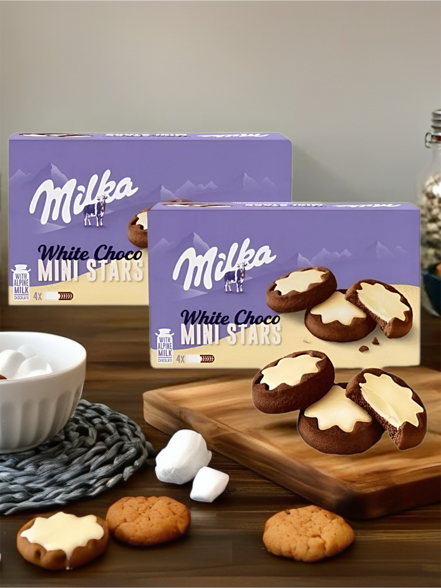 Печенье шоколадное Milka Choco Mini Stars White/ Милка Чоко Минис белым шоколадом, 150г. х 2 шт (Германия)