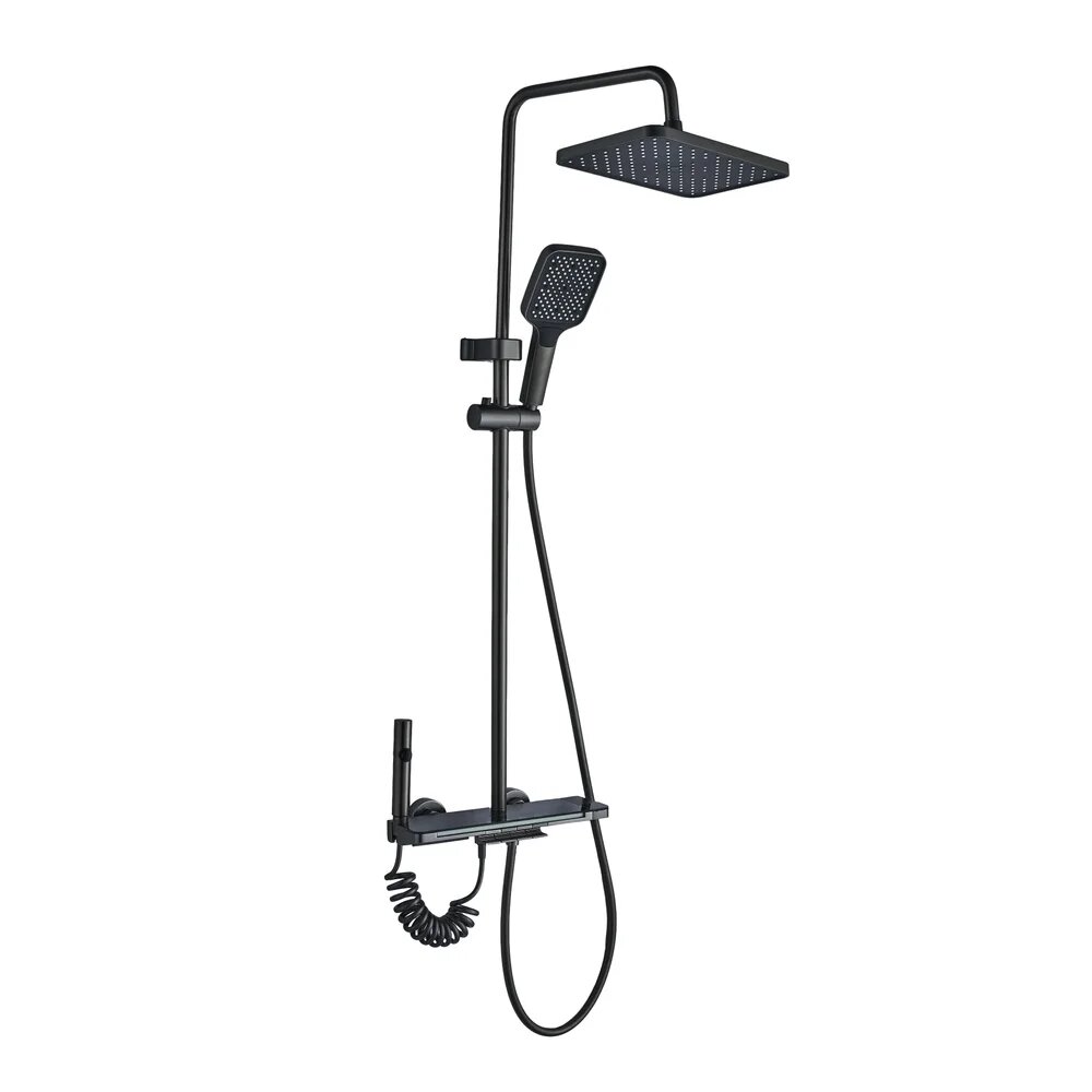 Душевая стойка Ceruttispa 11413 со смесителем, черная, серая, матовая, душевая система с тропическим душем, с изливом, с девиатором, с лейкой, рычаг сбоку