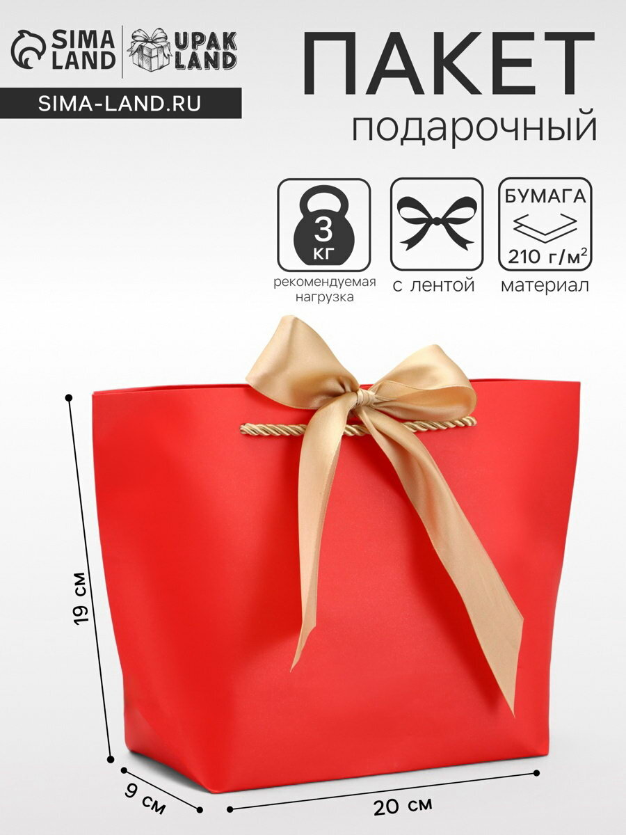 Пакет подарочный ламинированный, с лентой "Красный", горизонтальный, 19x20x9 см