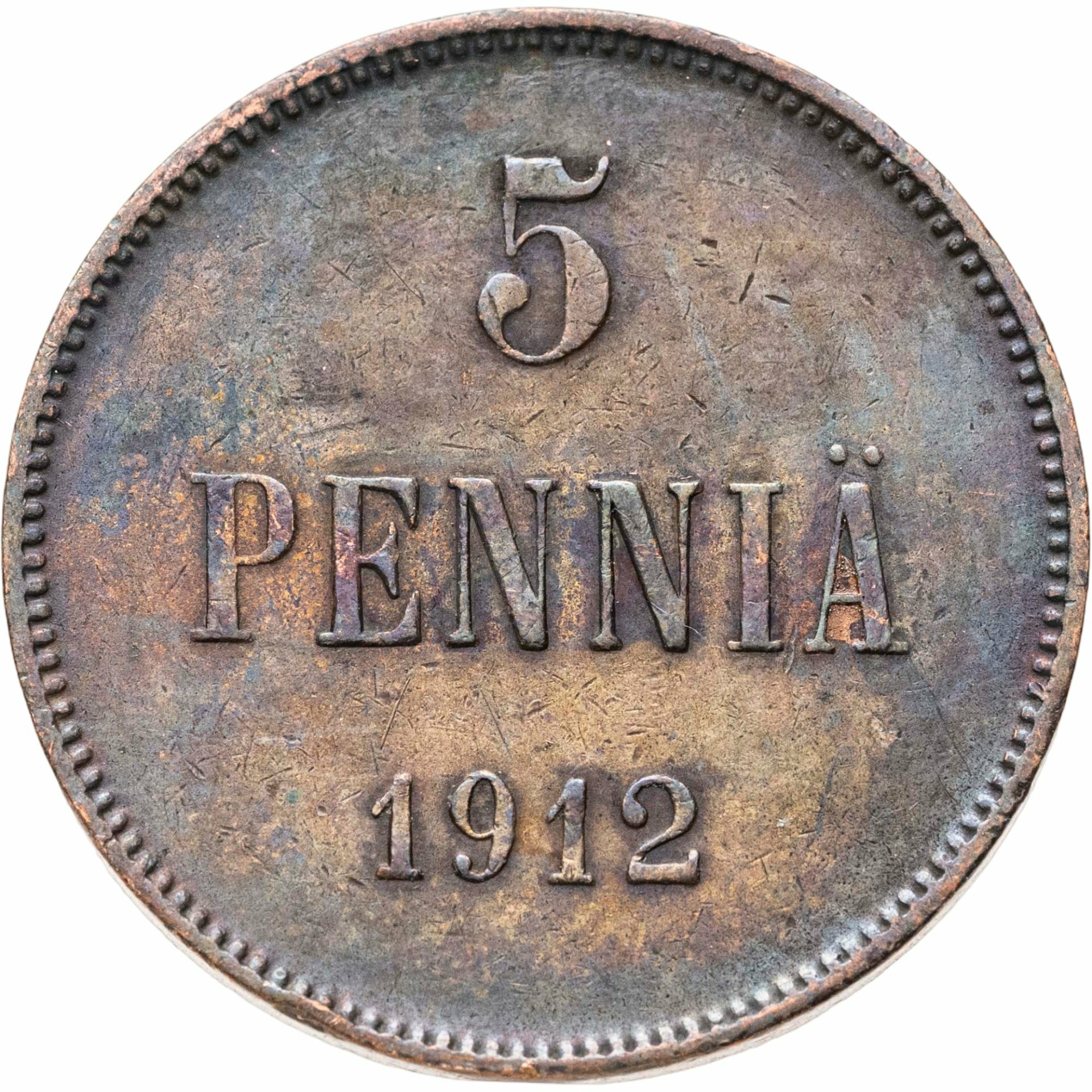 5 пенни pennia 1912 Российская Финляндия, Медь, в сохранности VF-XF