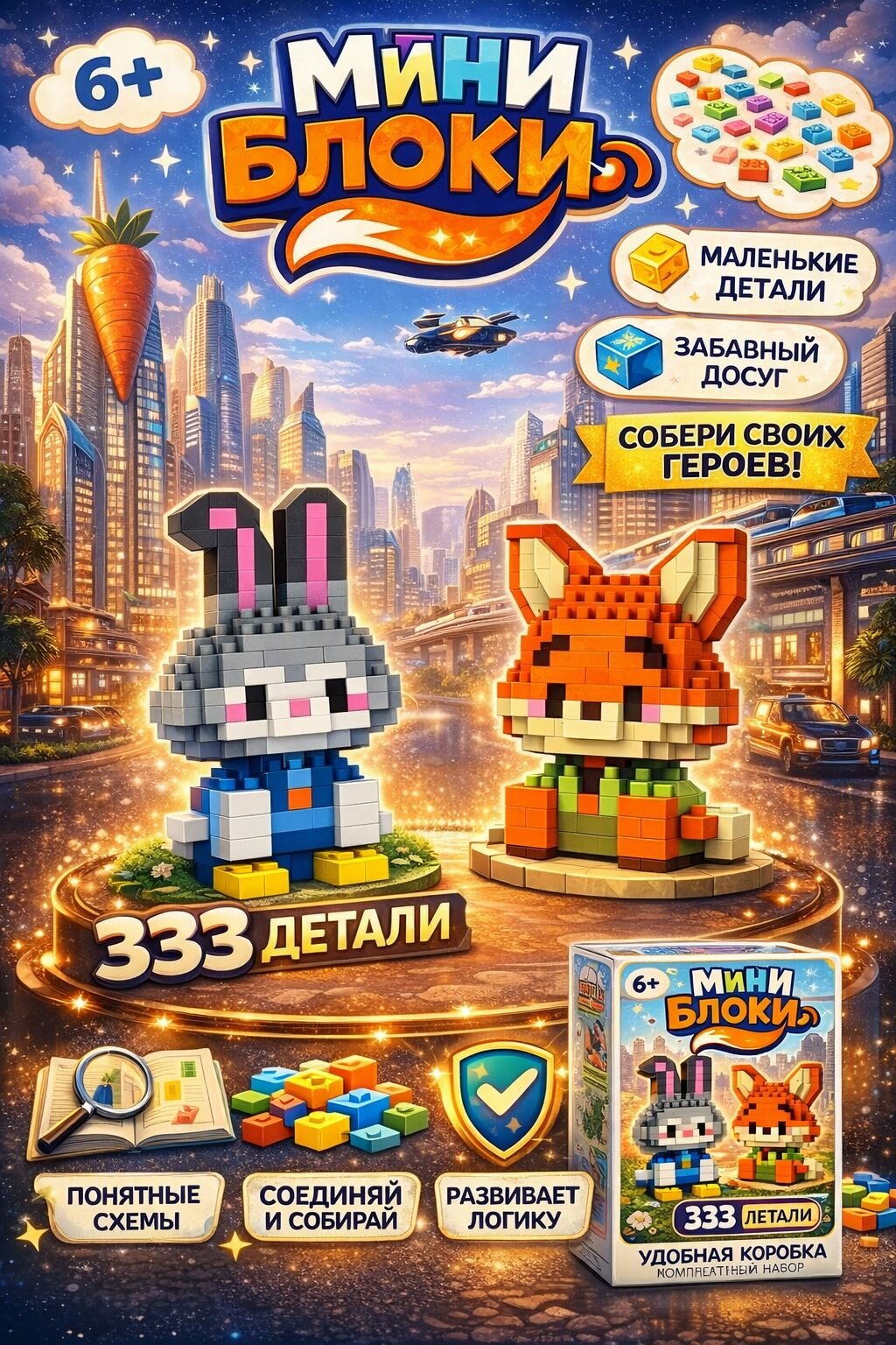 Конструктор 3Д, "Кролик и лис" 333 детали, конструктор мини