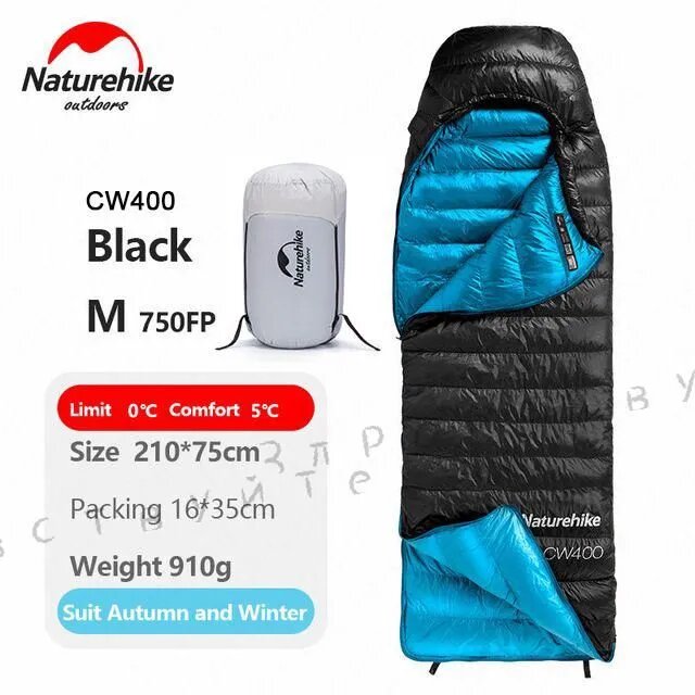 Спальный мешок Naturehike CW400 Black M 750FP для осени и зимы, размер 210 см