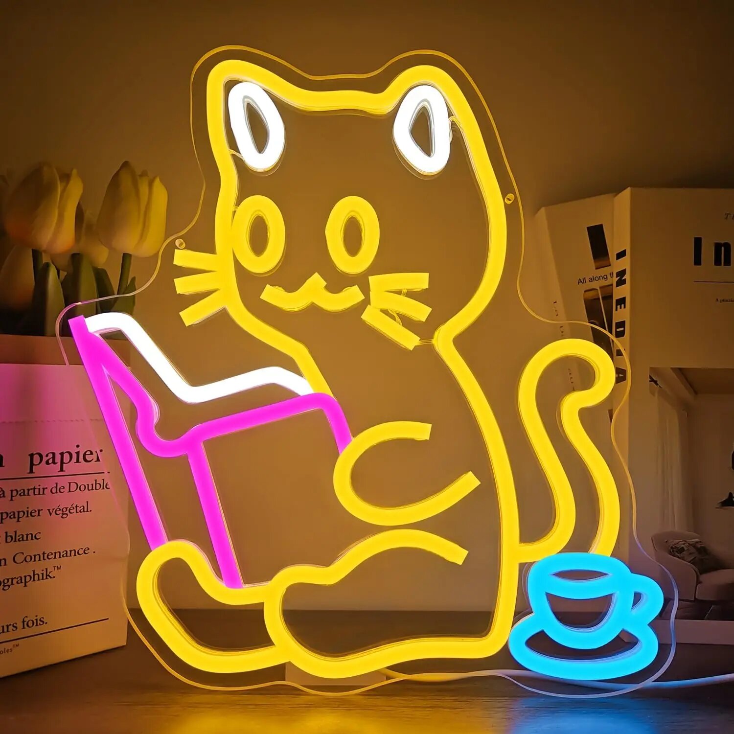 Светодиодная Неоновая Вывеска Для Чтения Книг С Изображением Кошки Настенная Декоративная Лампа Для Чтения Для Спален Стильны.