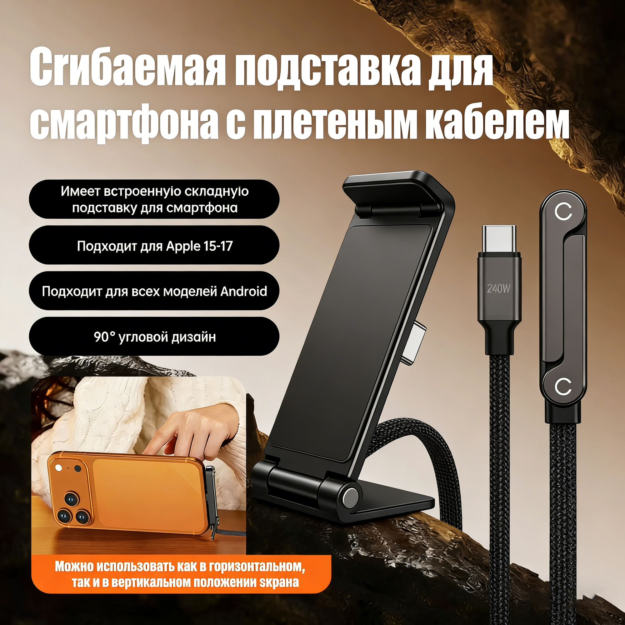Складной кабель питания 240W 1,5 м для iPhone 15/16/17 Pro и Android