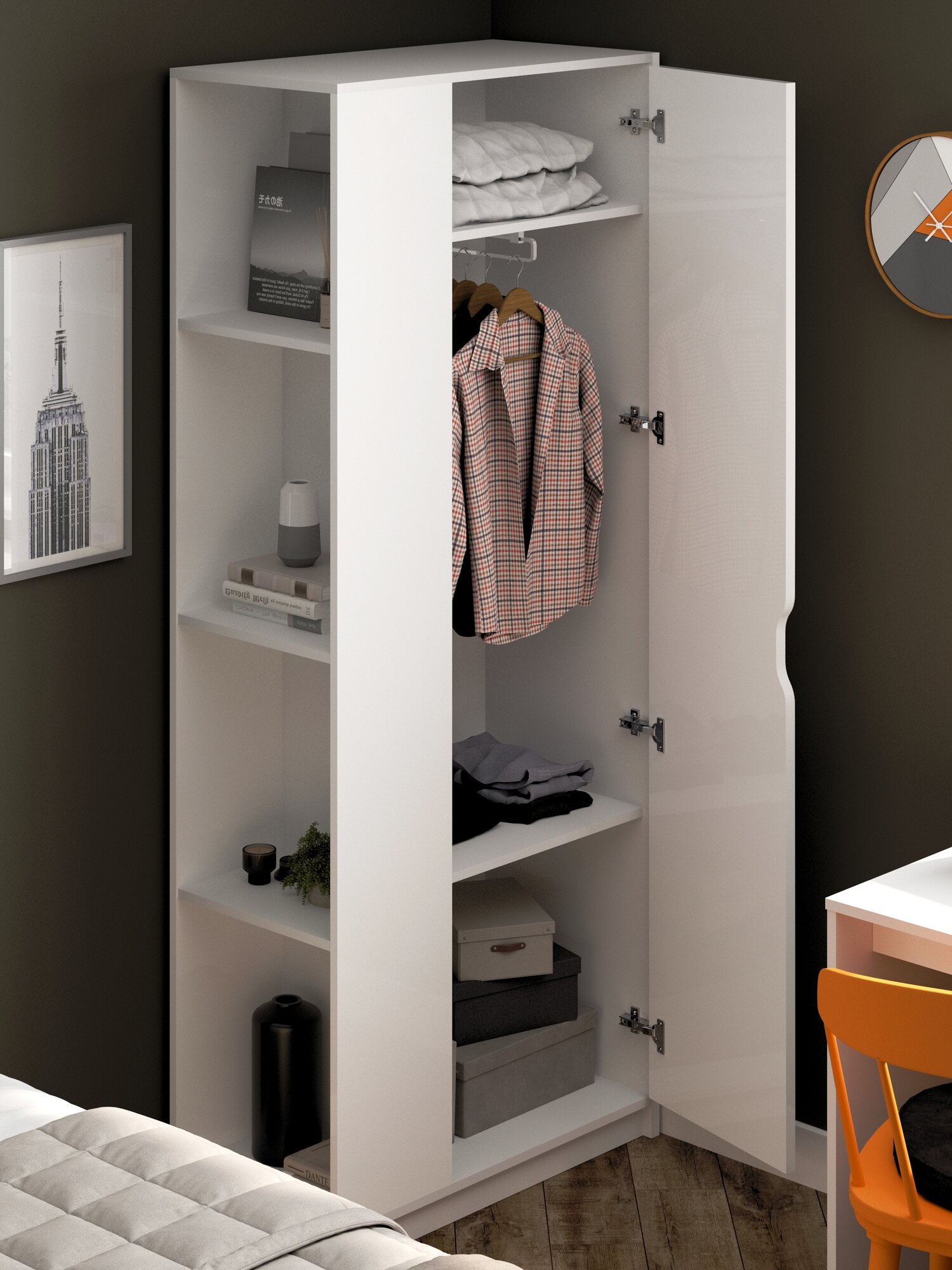 Есэндвич Ричи Шкаф с полками и штангой прямой/угловой 80х190х40 см правый (Белый/Белый глянец)