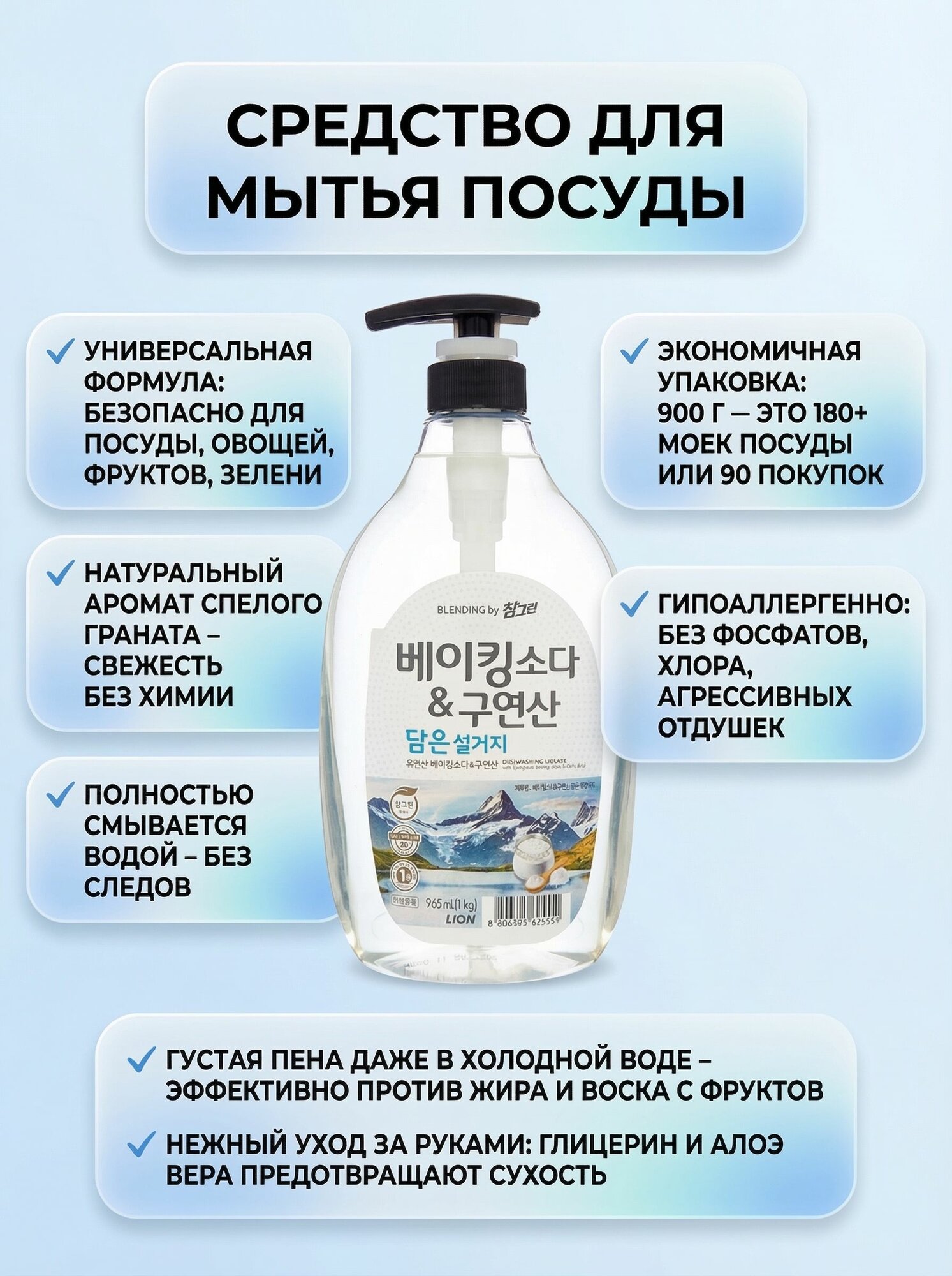 LION CHARMGREEN Baking Soda&Citric Acid 1kg Pump Средство для мытья посуды Baking soda & Citric acid Сода и Лимонная кислота 1кг