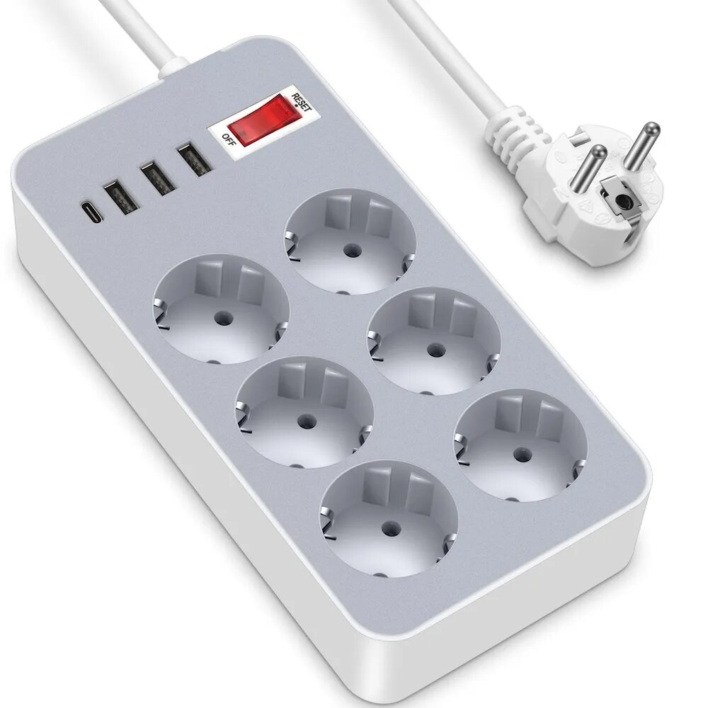 10-в-1 удлинитель с 6 розетками и 4 портами USB, кабель длиной 1,2 м, предназначен для использования дома, в офисе и отелях, евроразъемная вилка