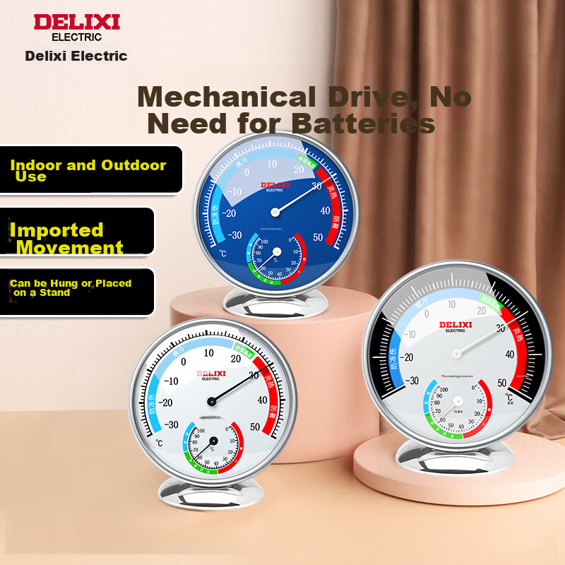 DELIXI Large Round Dial Thermometer Hygrometer for Home, Office, Desktop, Wall-Mounted, And Greenhouse Temperature And Humidity Meter, Silver