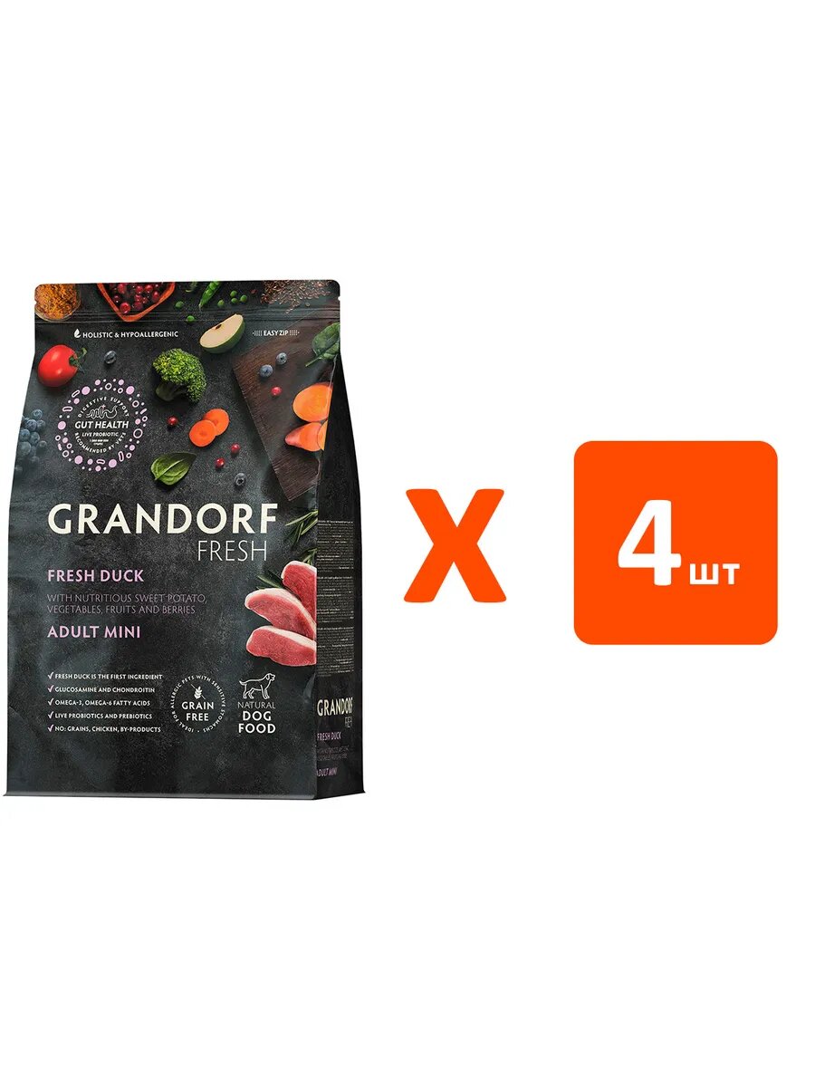Корм сухой Grandorf Fresh Grain Free Dog Adult Mini Duck & Sweet Potato беззерновой для взрослых собак мелких пород, утка, батат, 3 кг 4 шт
