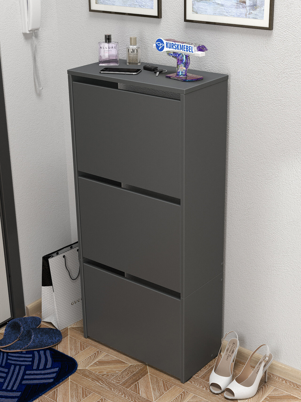 Обувница Курскмебель №15, ЛДСП, классический стиль, с откидными дверями, антрацитовая