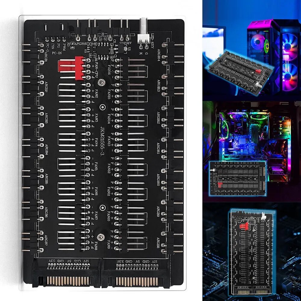 Хаб для PWM-вентиляторов и ARGB-подсветки с магнитным креплением, 16 портов, питание через SATA