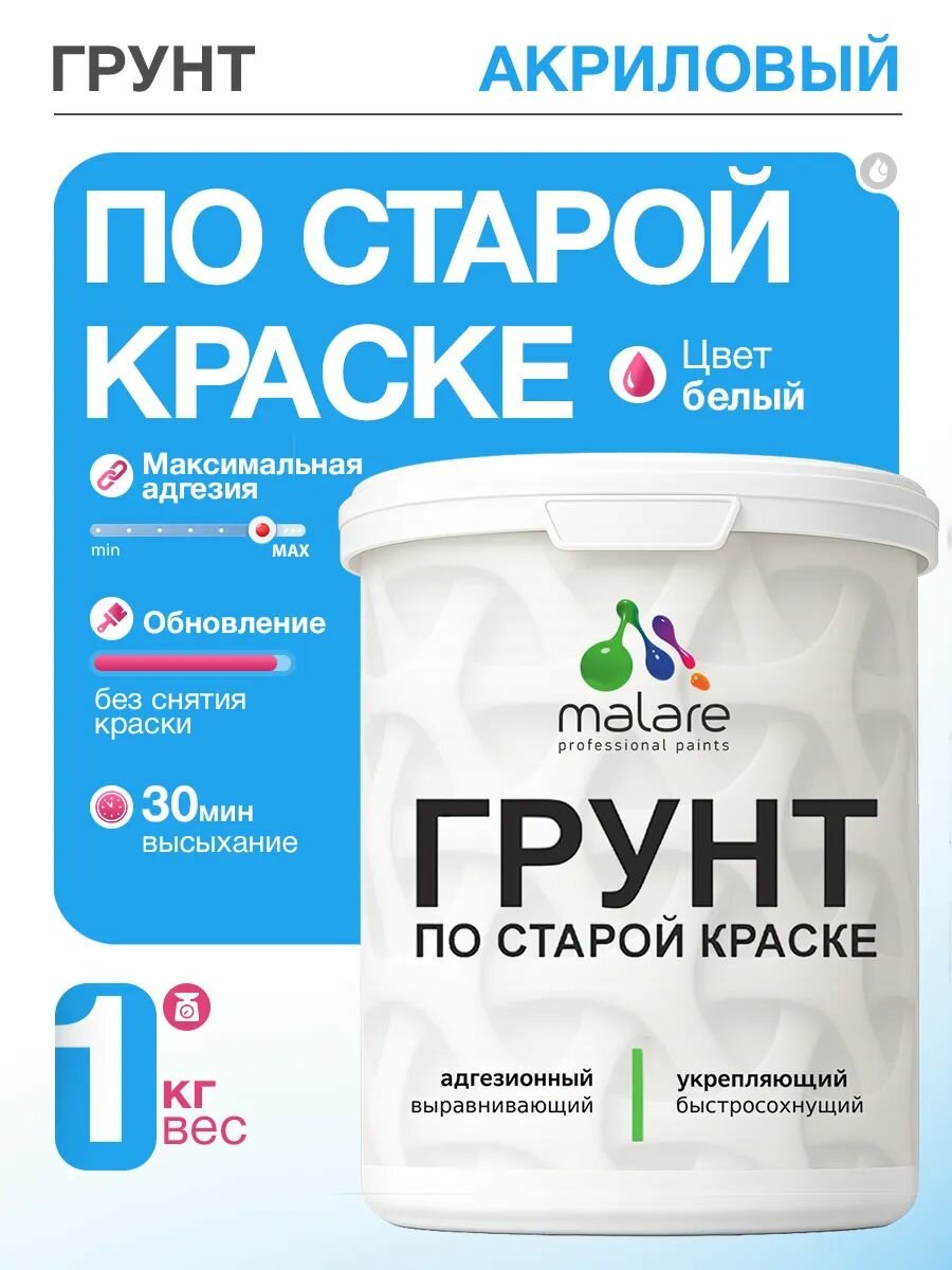 Грунт по старой краске Malare акриловый адгезионный универсальный, без запаха быстросохнущий, белый, 1 кг.