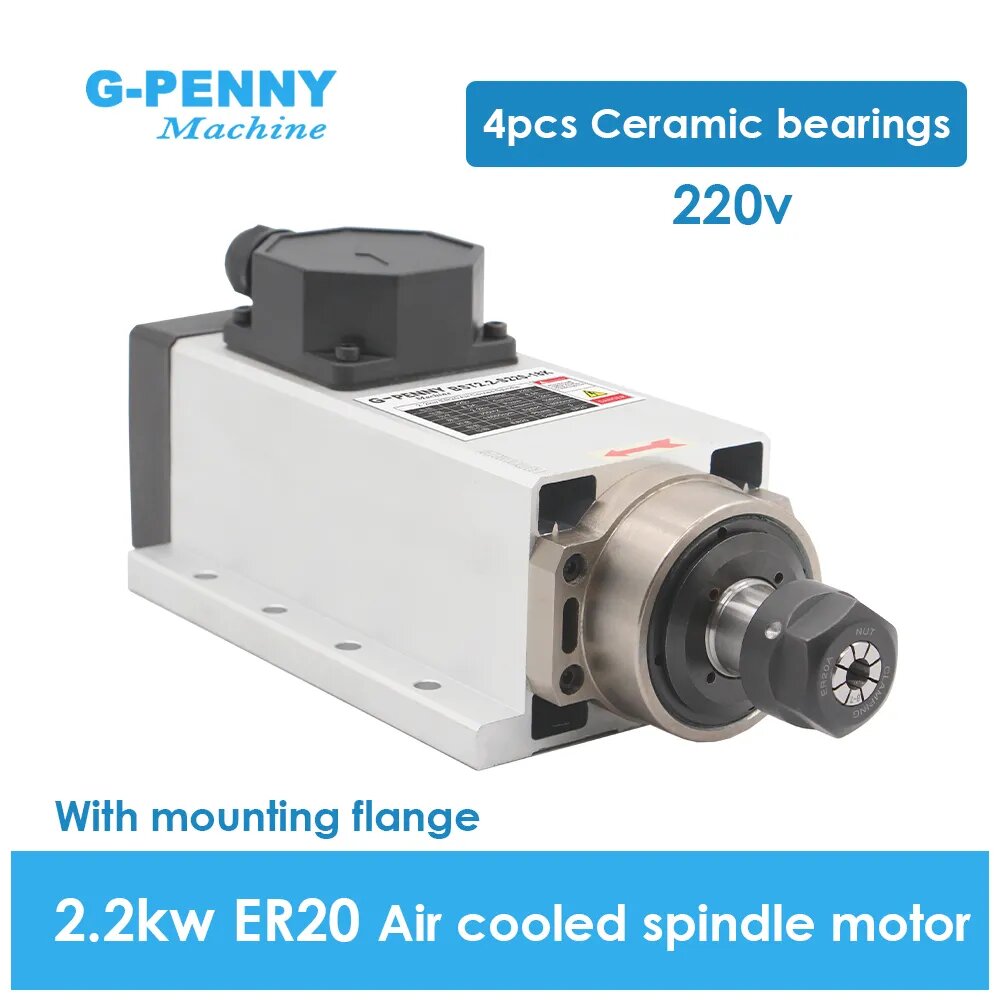 G-Penny 220В 2.2кВт ER20 Шпиндель для станка ЧПУ с воздушным охлаждением, 4 шт Керамические шарикоподшипники, квадратного типа с монтажным фланцем