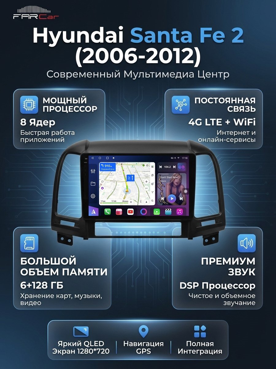 Штатная магнитола Хендай Санта Фе 2 (Hyundai Santa Fe 2) 2006-2012 на Android 14, CarPlay, WiFi + 4G