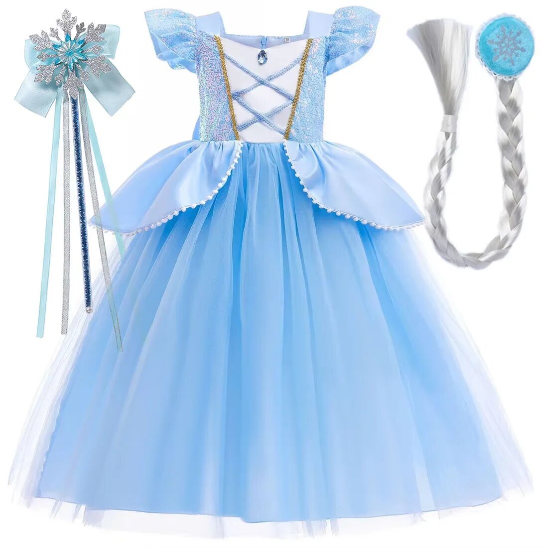 Классическое Платье Принцессы Золушки Для Маленьких Девочек, Синее, С Коротким Рукавом, Расклешенной Юбкой