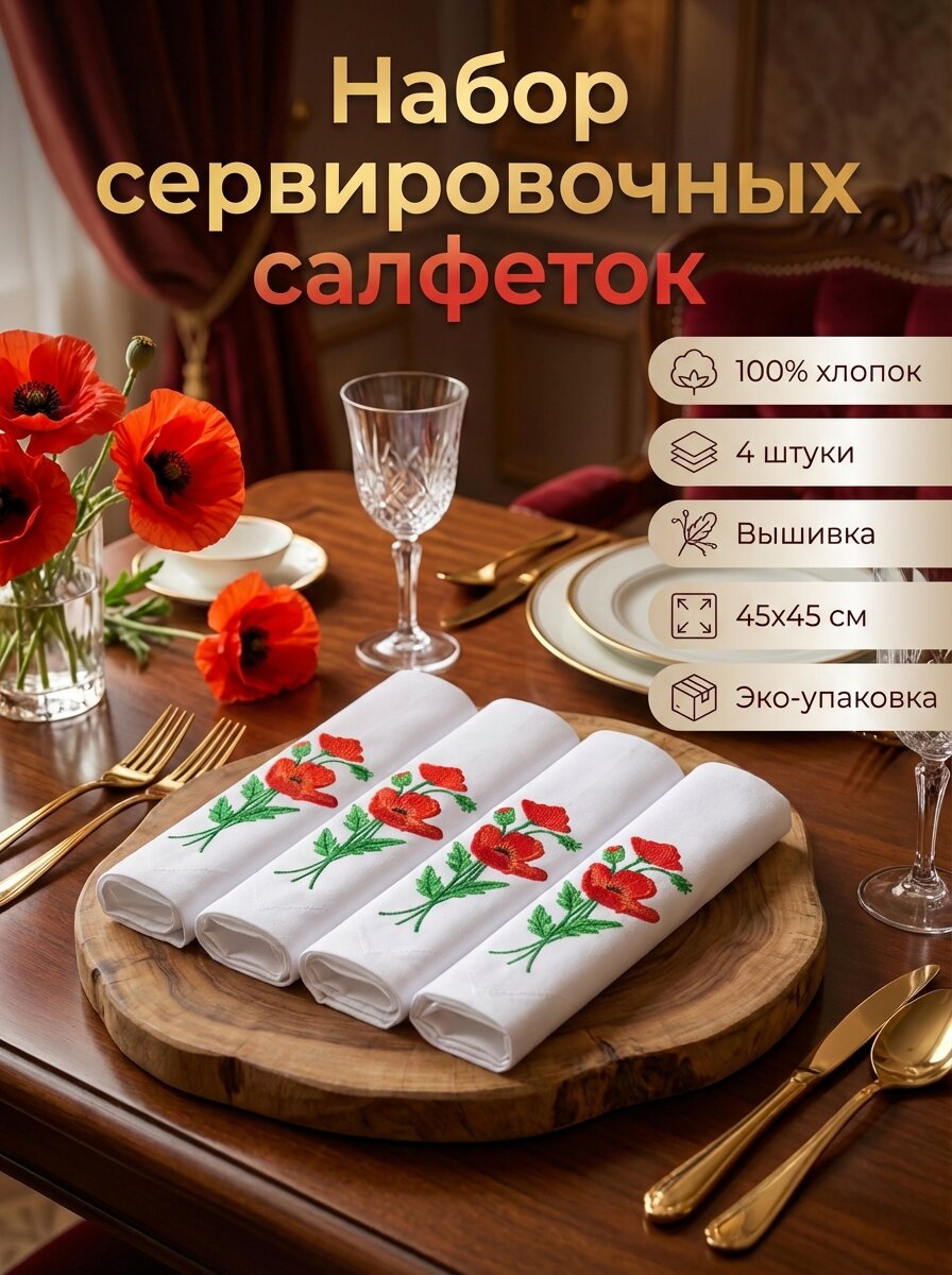 Felante Набор салфеток столовых с вышивкой "Мак" 45x45см 4шт.