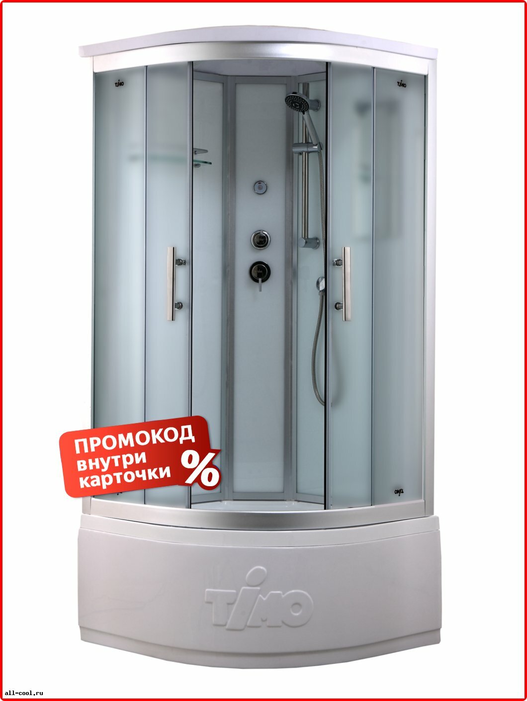 Душевая кабина Timo Flaviana 100x100 высокий поддон, четверть круга, подсветка, сиденье