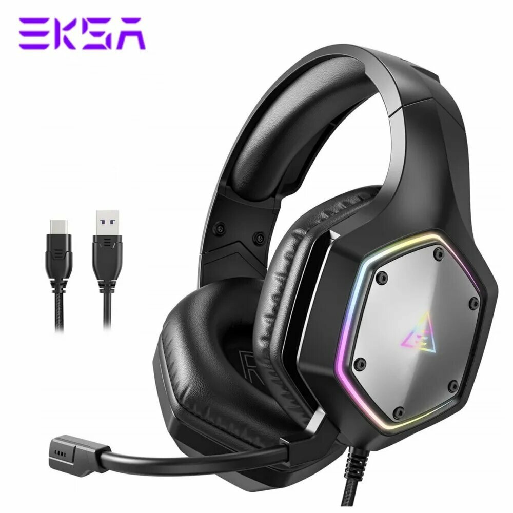 EKSA Наушники проводные с микрофоном, USB Type-A, USB Type-C, светло-серый, черный матовый