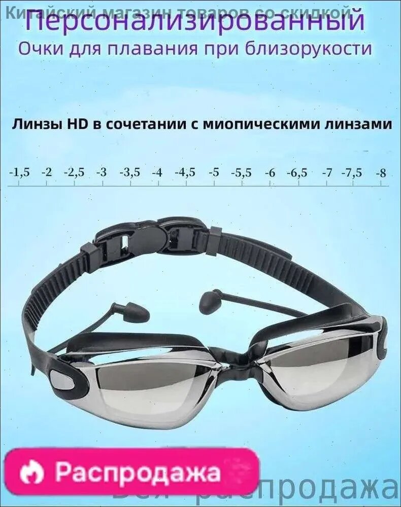 Персонализированные очки для плавания при близорукости с миопическими линзами HD в сочетании с диоптриями -4.5