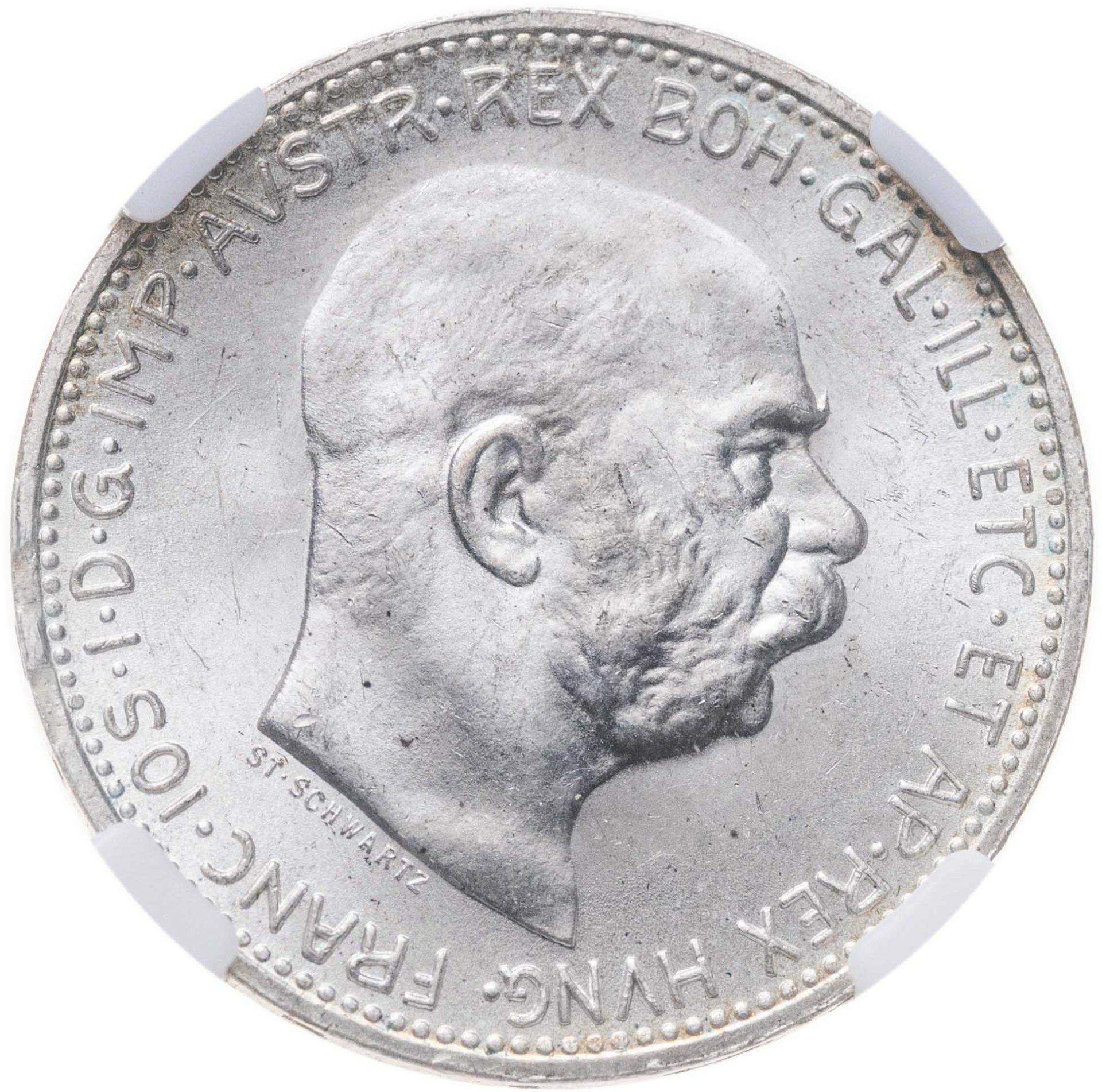 Австро-Венгрия 1 крона 1914 для Австрии в слабе ННР MS64, Серебро 835