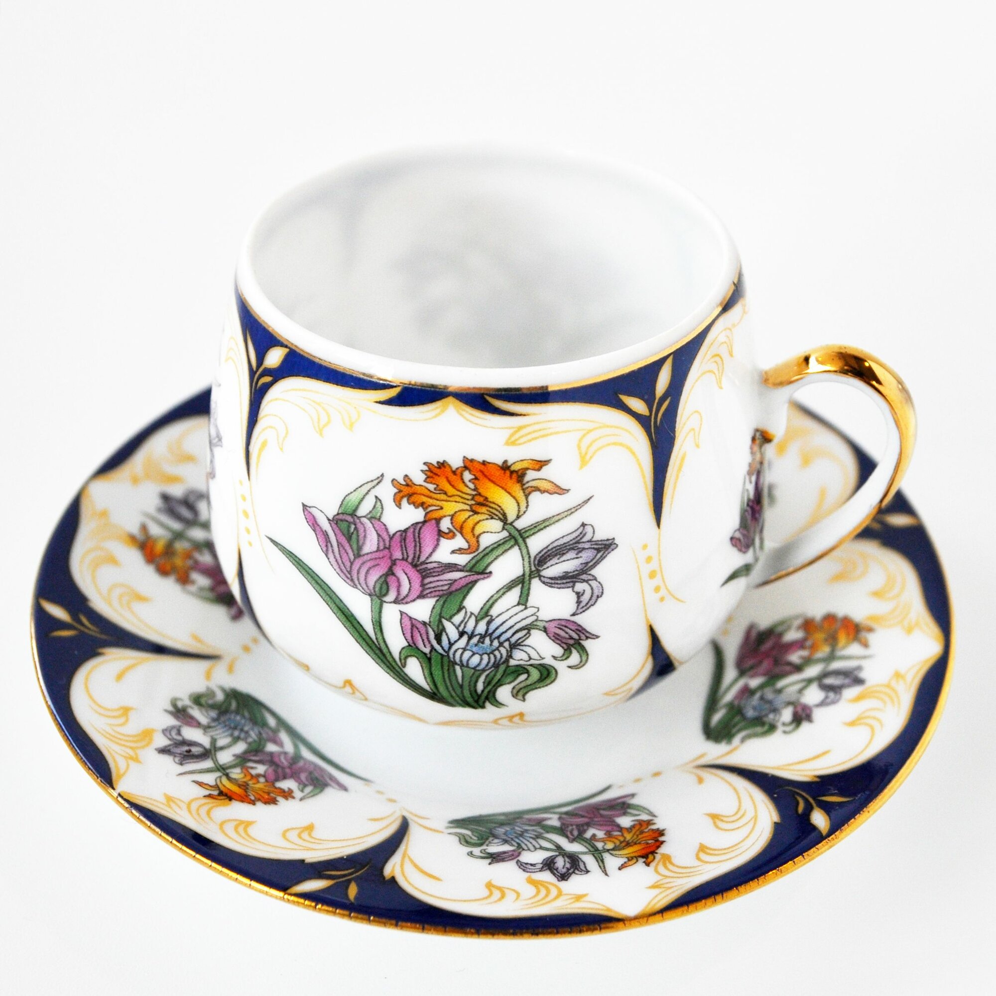 Винтажная кофейная пара "Золотая коллекция. Сады Моне". Фарфор, деколь. Япония, Yamasen, вторая половина ХХ века.