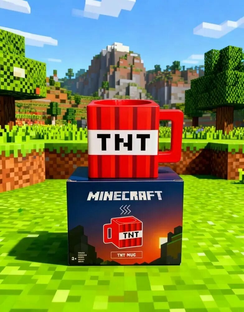 Квадратная керамическая кружка в виде блока ТНТ из игры Minecraft, объем 290 мл, 1 шт в упаковке