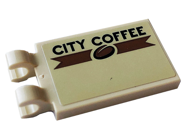 Tile, Modified 2 x 3 with 2 Open O Clips with Black 'CITY COFFEE' and Bean Pattern Model Left Side (Sticker) - Set 60233, 30350bpb124L Tan U