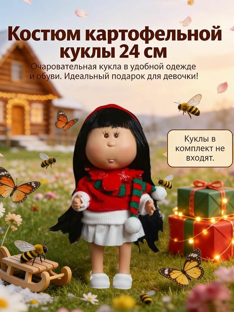 Милый набор одежды и обуви для куклы-картошки высотой 24 см (игрушка не входит в комплект).