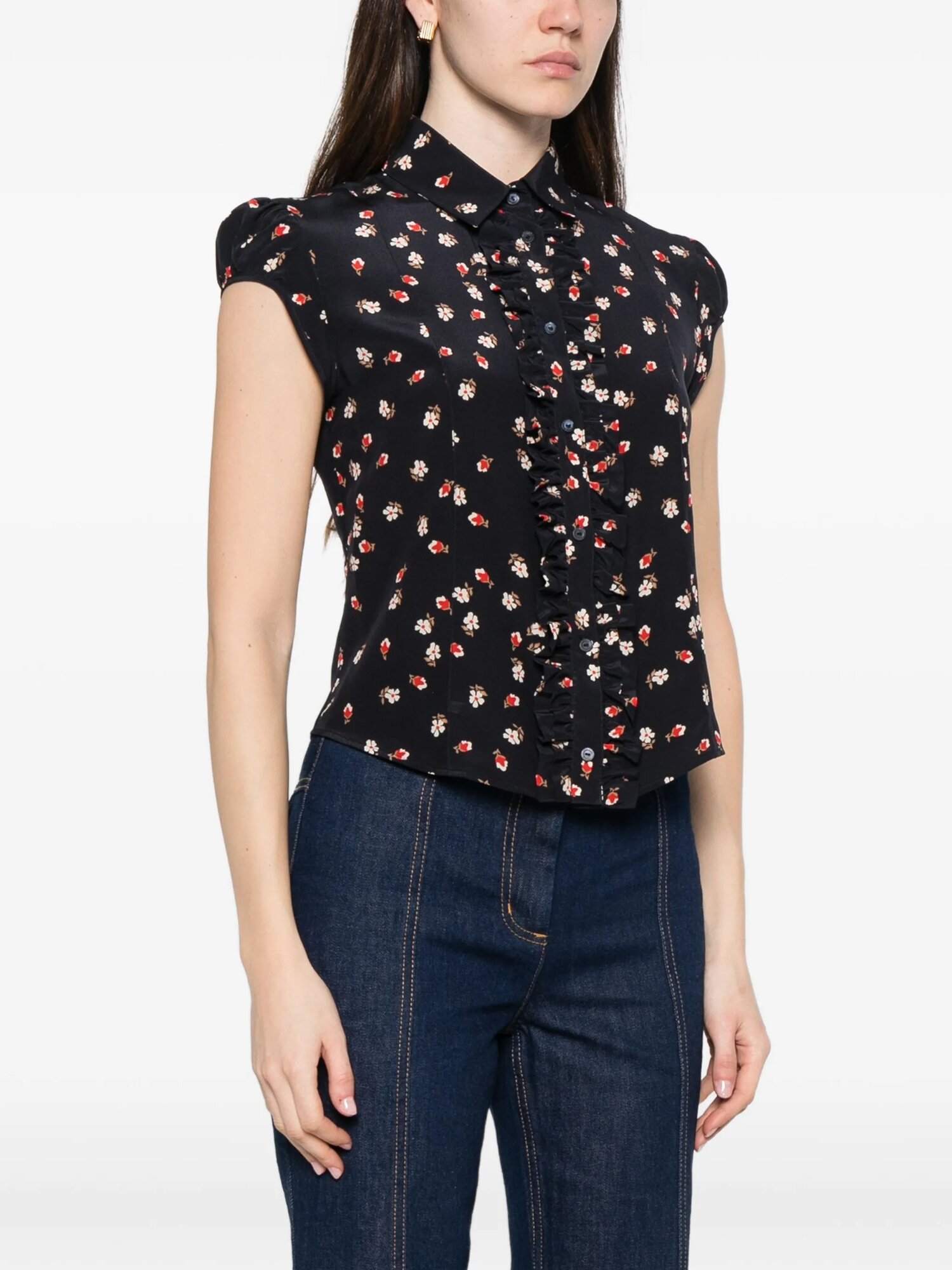 Топ Max Mara Canale flower-print ruffled top, размер 42, синий — фото 1