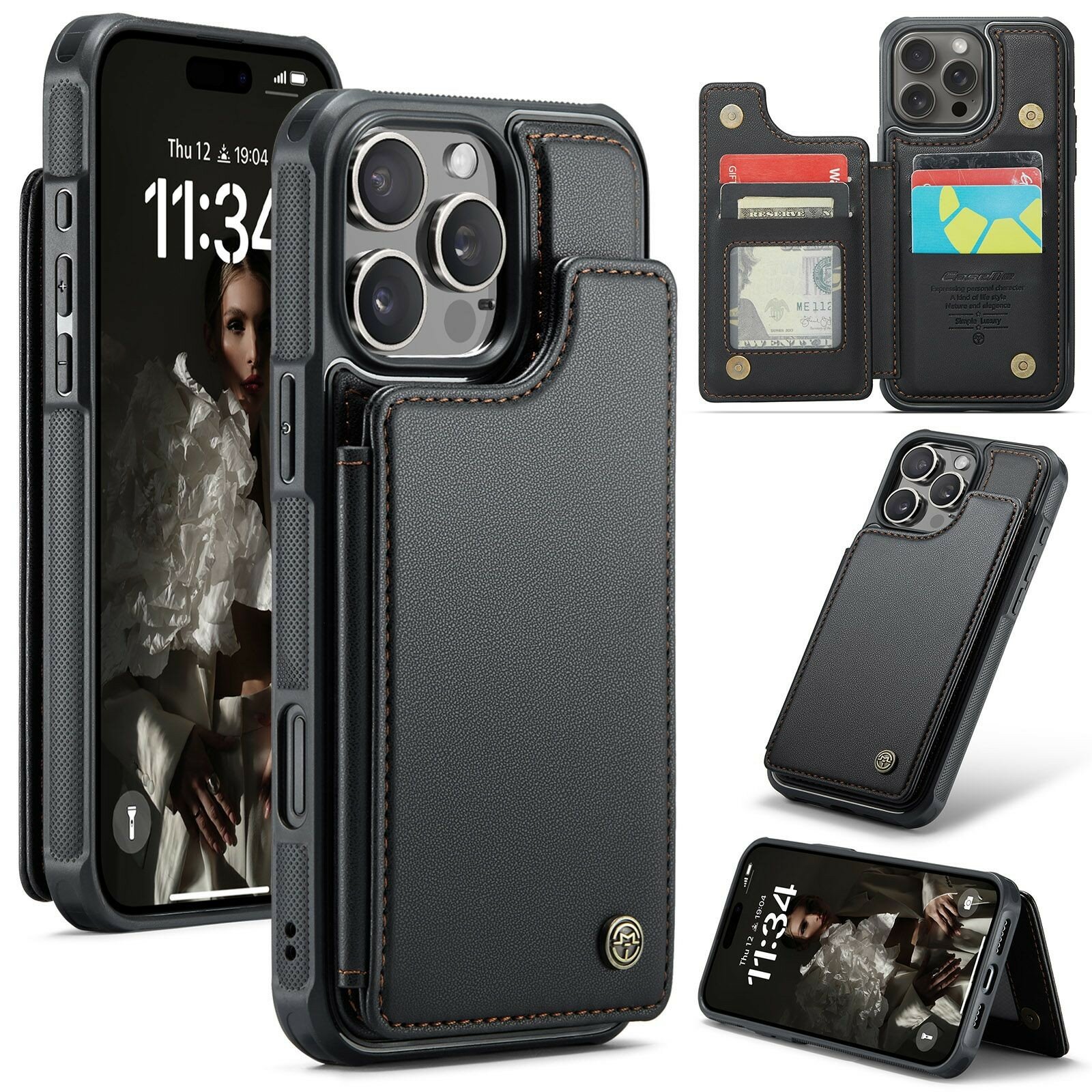 Кожаный чехол MyPads для Apple iPhone 16 Pro Max с держателем для карт и подставкой черный