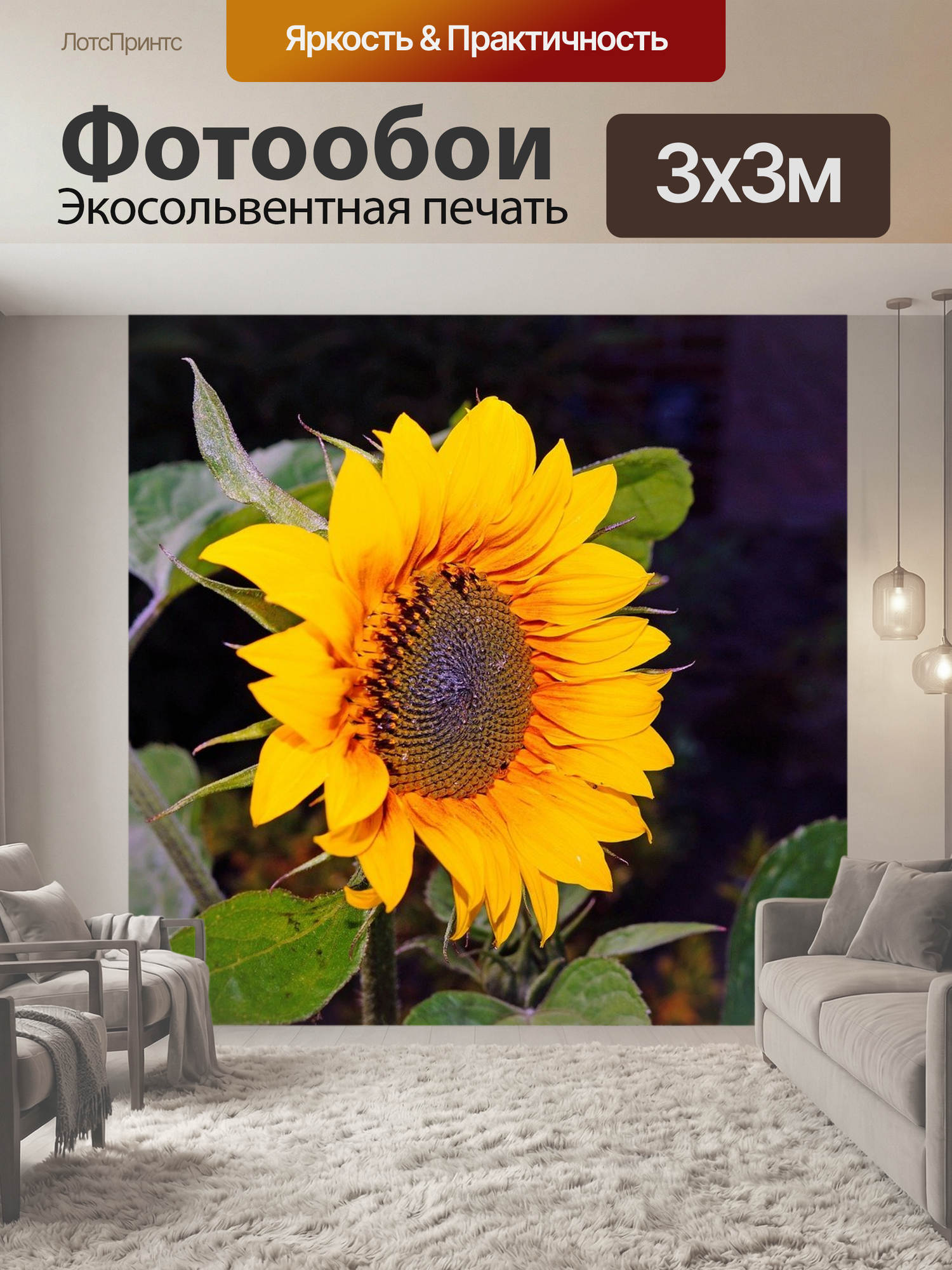 Фотообои "Подсолнух, лучевые соцветия, желтый" 300x300 см. экосольвентная печать