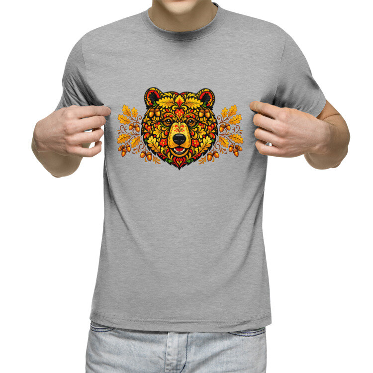 Мужская футболка «Хохлома: Узор русский медведь-лесной оберег» (серый меланж, 2XL)